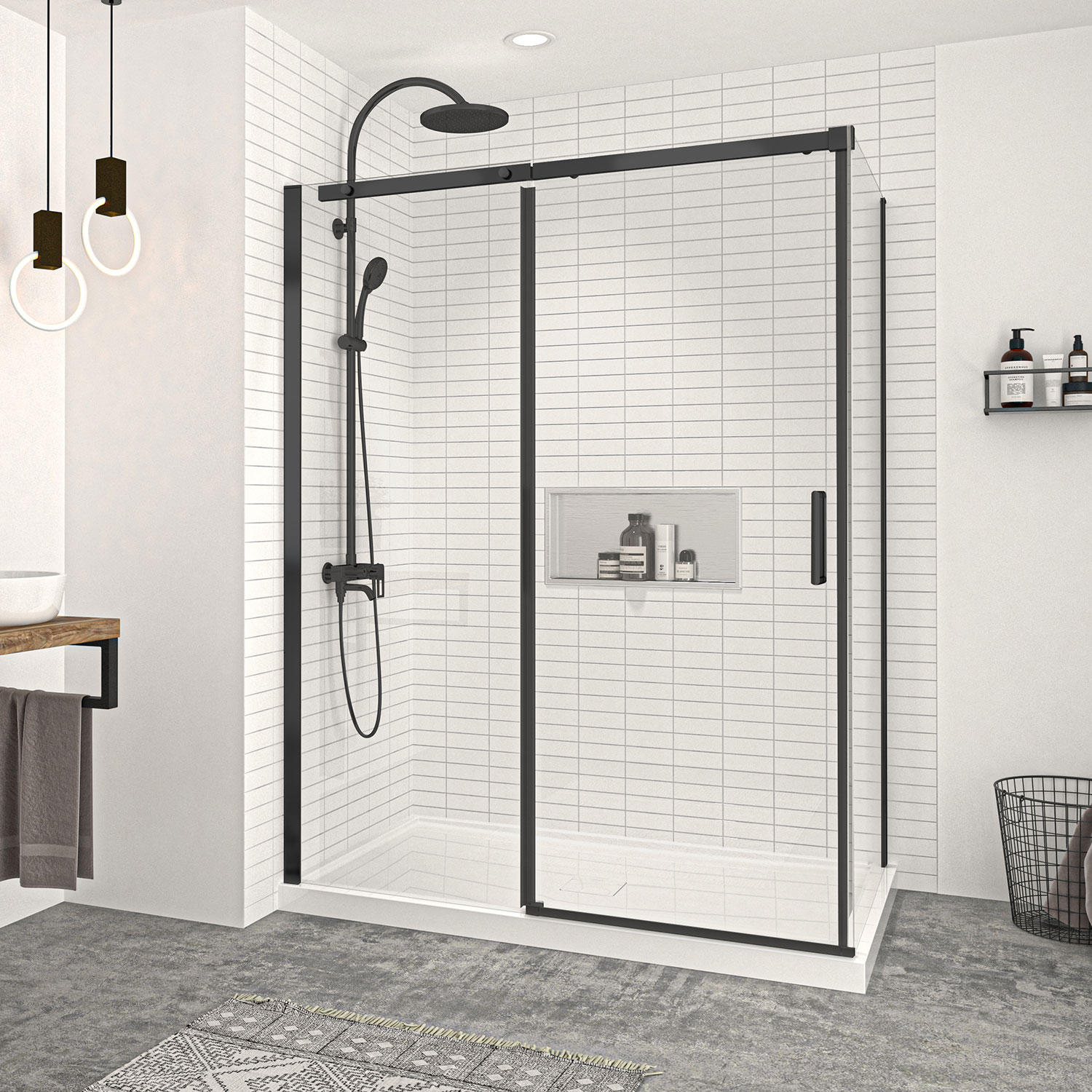 Shower door 60" x 36", in a corner closing on return, wall on the left, door on the right, in ...